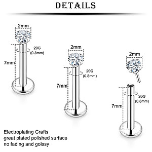 Kridzisw 20g Threadless Push in Nose Rings Stud Piercing Jewelry for Women Stainless Surgical Steel Flat Back Straight Silver Pushin Nostril Nose Lip Labret Ring Bar Pin Bone Piercing Jewelry Men 7mm