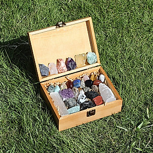 30 PCS Crystals and Stones Set - Natural Raw Healing Crystals & Tumbled Chakra Stones, Premium Protection Crystals Gift Kit Display in Wooden Box + Info Guide