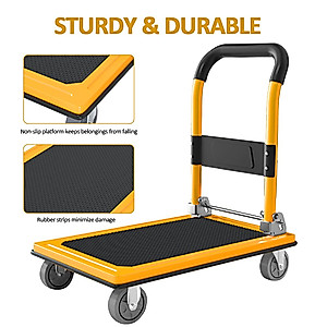 Gromay Push Cart Dolly 660lb Weight Capacity, Foldable Platform Truck,Yellow Moving Flatbed Cart with 4inch 360° Mute Wheels for Garage Garden Furniture Transport