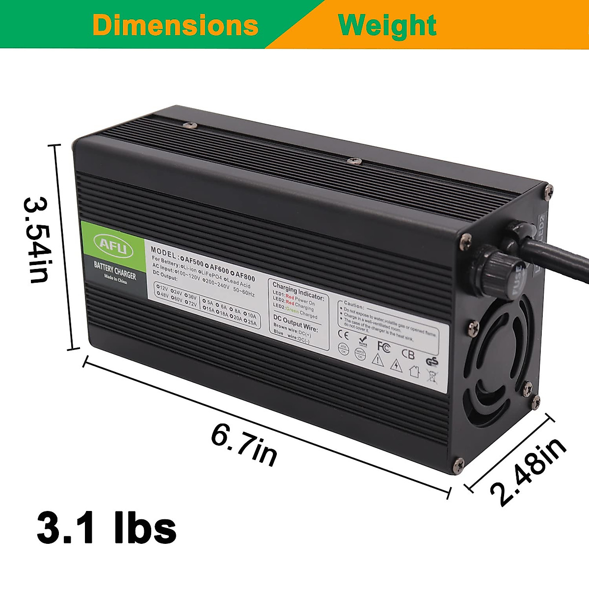 AFU 67.2V 8A Charger 60V Li-ion Battery Smart Charger Black Aluminum Case with Cooling Fan Output GX16 1+3- Plug/GX16 1+2- Plug for 16S 60V Li-ion Battery