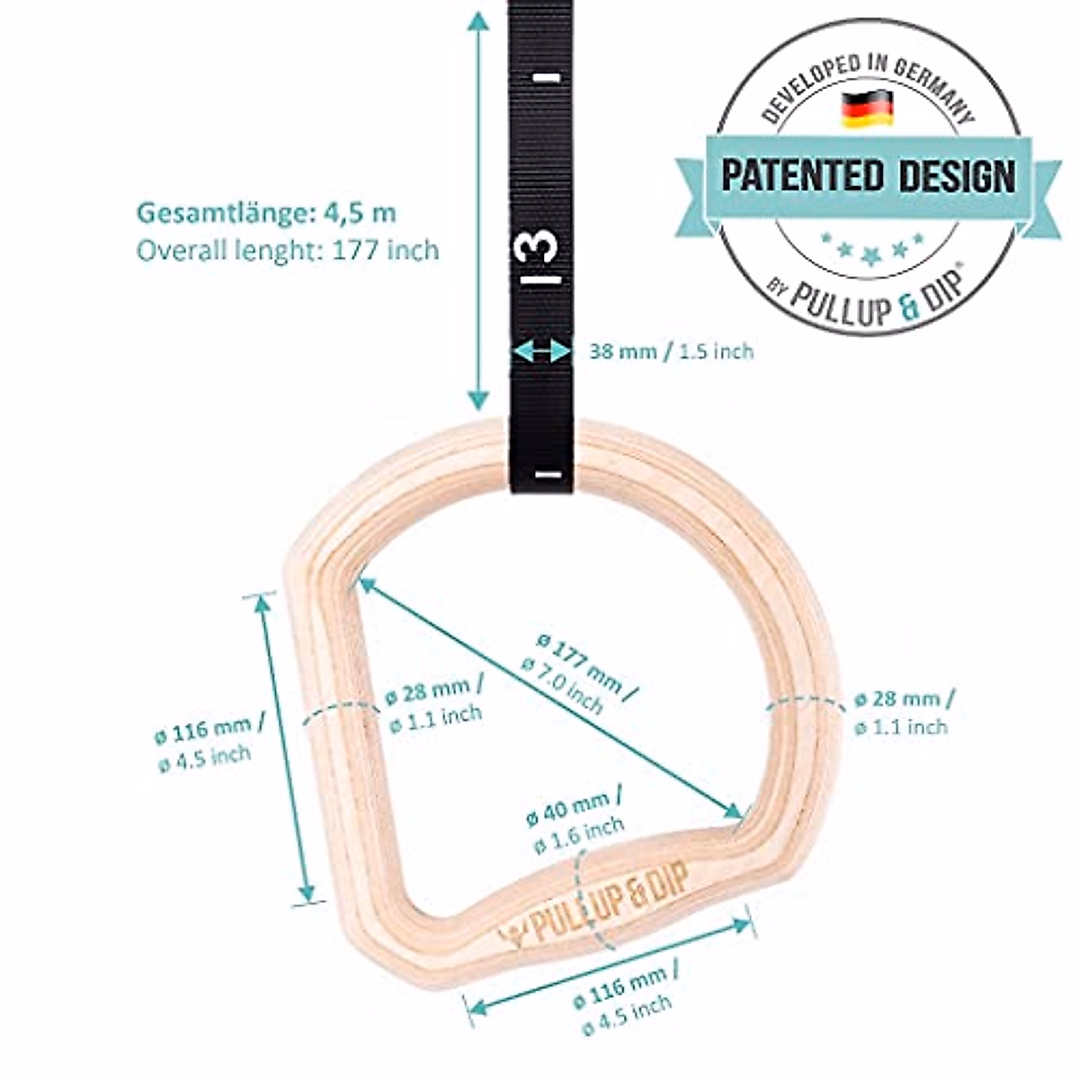 PULLUP & DIP Premium Gymnastic Rings, Wooden Gym Rings for Calisthenics - Wide Straps with Length Markings + Door Anchor + Carry Bag + Exercise Guide, Calisthenics Rings (Trings Set)