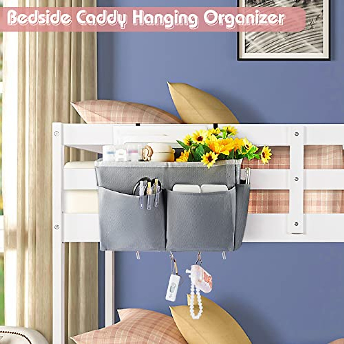 Retyion Bedside Storage Bag with 4 Hooks Multi-Function Hanging Organizer Caddy for Headboards Bunk Bed Hospital Bed (Grey)