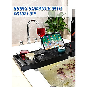 ZHTYRE Bathtub Tray Bathtub Shelf Extendable Bathtub Shelf with Bamboo Bookshelf and soap Tray 1 or 2 Person Bath and Bed Tray (Black) (Black)