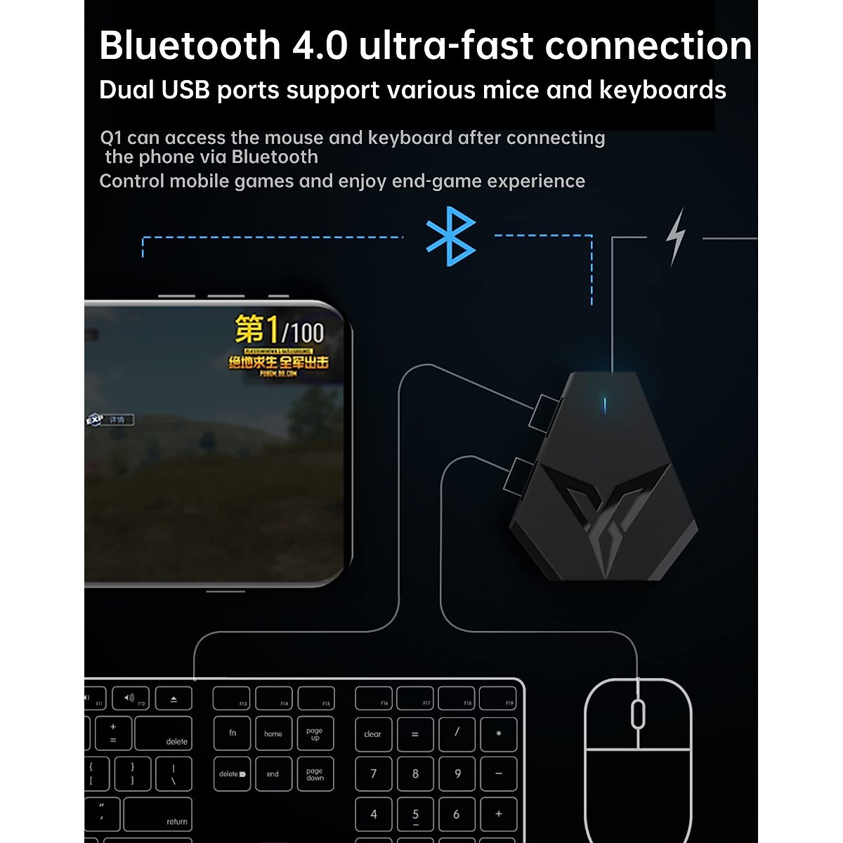 MODJUEGO Keyboard Mouse Converter-Q1 Portable Mobile Gaming Adapter for PUBG Android IOS Mobile Phone Gaming（Note: Not applicable to IOS 13.4 and above）