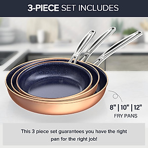Nuwave 3-Piece 8”, 10”, 12” Forged Lightweight Frying Pan Set, G10 Healthy Duralon Blue Ceramic Ultra Non-Stick, Ergonomic Stay-Cool Handles, Induction-Ready & Works on All Cooktops