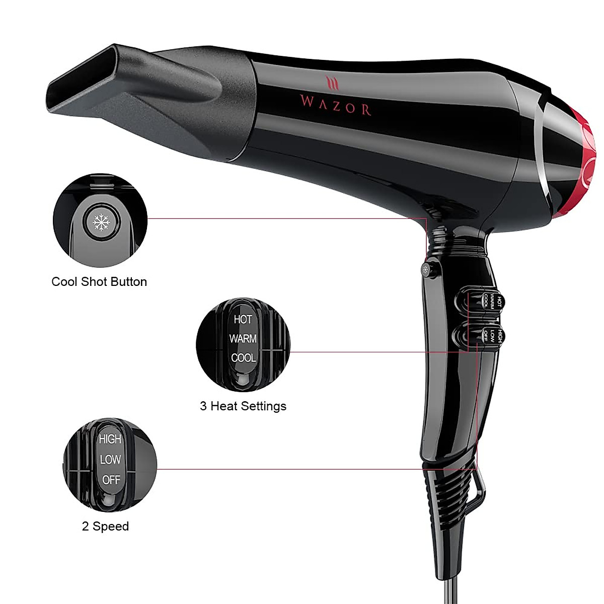 Professional Negative Ionic Hair Dryer, 1875W Salon Lightweight Blow Dryer with Pro AC Motor, Fast Dryer with Concentrator Nozzle and 2 Speed & 3 Heat Settings, Black