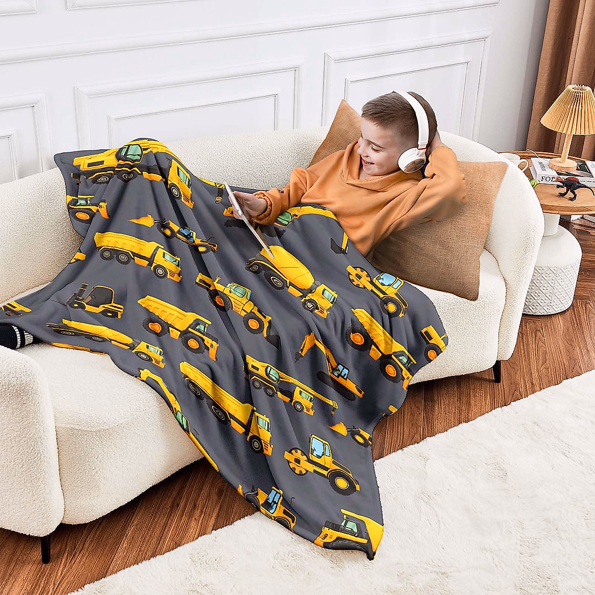 Wajade Kids Construction Truck Blanket for Boys Soft Fleece Kids Blanket for Couch Sofa Bedroom 3D Vehicles Excavator Cars Throw Blanket for Kids 50"x60"