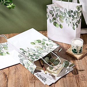 WRAPAHOLIC Medium Eucalyptus Kraft Paper Gift Bags - Green Eucalyptus Leaves Design for Birthday, Baby Shower, Holiday, Party Gift Wrap (Pack of 12)