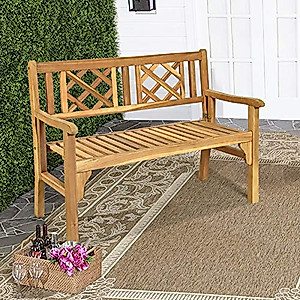 Giantex Patio Wooden Bench, 4 Ft Foldable Acacia Garden Bench, Two Person Loveseat Chair with Curved Backrest and Armrest Ideal for Patio, Porch or Balcony (Teak)