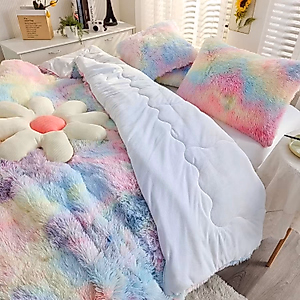 chovy Kids Girls Faux Fur Rainbow Comforter Sets Twin/Full - 3PC Bed Set Soft Warm Comfortable Classical Rabbit Plush Velvet Flannel Fluffy Fuzzy Bedding（Comforter x 1 Pillowcases x 2）