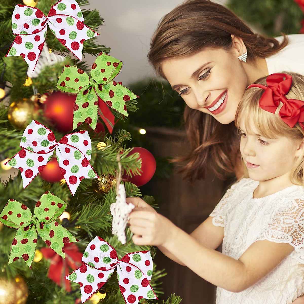 4 Rolls Christmas Ribbons Polka Dot Ribbon Wired Glitter Christmas Wired Ribbons Burlap Decorative Grinch Ribbons for DIY Craft Wreath Bows (Green, Red, 2.5 Inch x 6 Yard Per Roll)