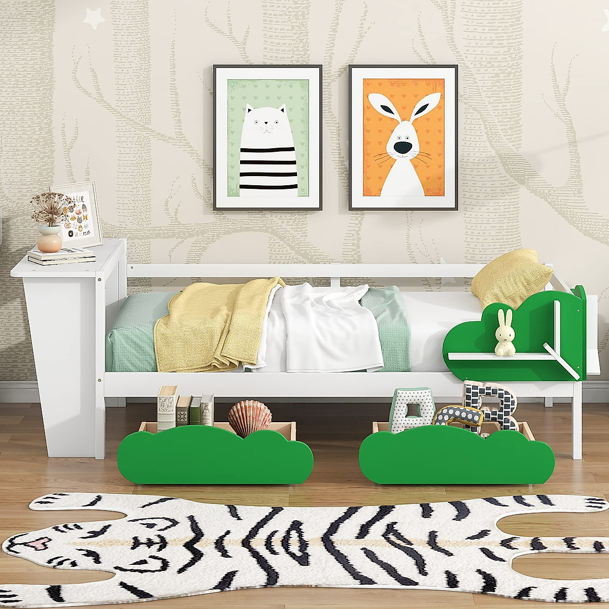 FIQHOME Twin Size Daybed with 2 Storage Drawers and Desk, Wood Kids Twin Bed Frame with Green Leaf Shape Shelves, Twin Sofa Bed Frame for Kids Girls Boys, No Spring Box Required, White