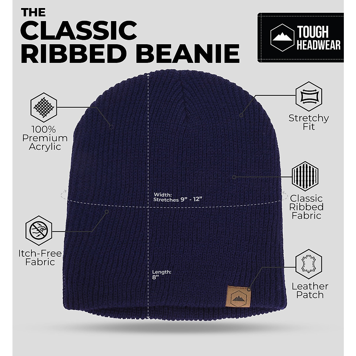 Tough Headwear Beanies for Men & Women - Knit Beanie, Warm & Soft Ribbed Beanie, Daily Knit Hat, Women & Mens Toboggan Hat for Cold Weather Navy Blue