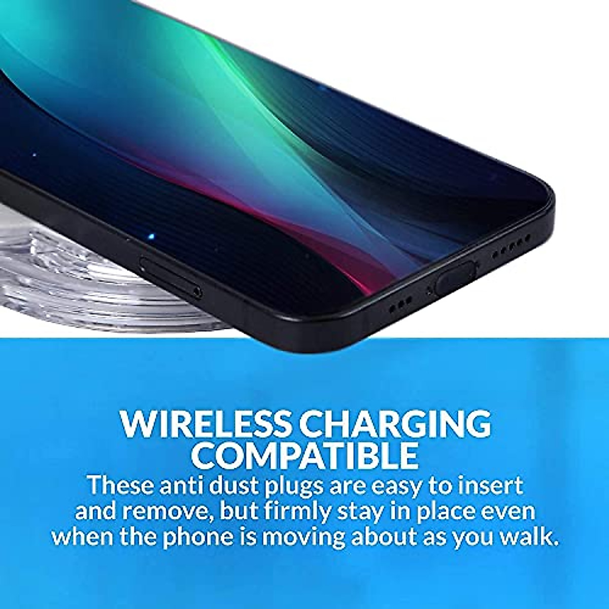 PortPlugs Dust Plugs (10 Pack) Flat Design Compatible with iPhone 14, 13, 12, 11, X, 8, 7, Plus, Pro, Max and Air Pods, Includes Charging Port Cleaning Brush (Black)