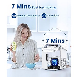 COWSAR Ice Maker, Nugget Ice Maker Machine, Portable Ice Machine with Self-Cleaning, 34Lbs/Day, Ice Makers Countertop with Handle, Ice Scoop and Basket for Home Office Party, White