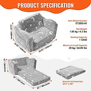 VEVOR Fold-Out Kids Sofa, Glow-in-The-Dark Kids Couch Chair, 2-in-1 Children Convertible Sofa to Lounger, Extra Soft Flip-Out Toddler Couch for Siting and Sleeping, for Bedroom and Playroom