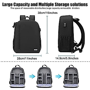 CADeN Camera Backpack Bag for DSLR/SLR Mirrorless Camera Waterproof with 14 inch Laptop Compartment, USB Charging Port, Tripod Holder, Rain Cover, Camera Case Compatible for Sony Canon Nikon Black S