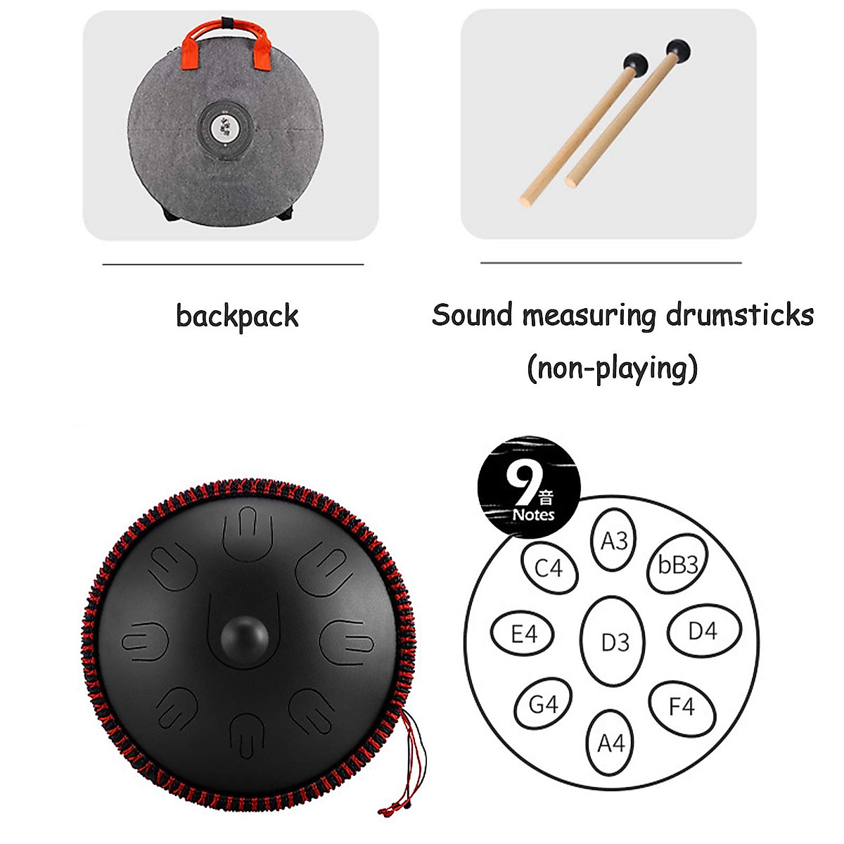 Steel Tongue Drum Tank Drum 9 Notes 14 Inch, Handpan Drum with Standard D Key Percussion Instrument Tongue Drums Kit,Hand Drums for Adults with Mallets and Soft Hand Pan Bag for Meditation Entertainme