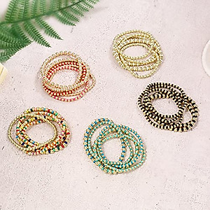 CONRAN KREMIX Gold Beaded Bracelets 14K Gold Plated Bead And Pink Heishi Clay Bead Stackable Stretch Bracelet Set Gold Jewelry For Women