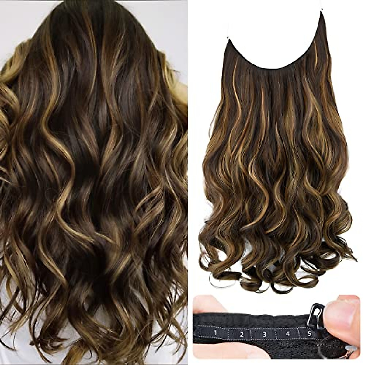 REECHO Invisible Wire Hair Extensions with Transparent Headband Adjustable Size Removable Secure Clips in Curly Wavy Secret Hairpiece for Women 20 Inch - Dark Chocolate Brown with Golden blonde mixed