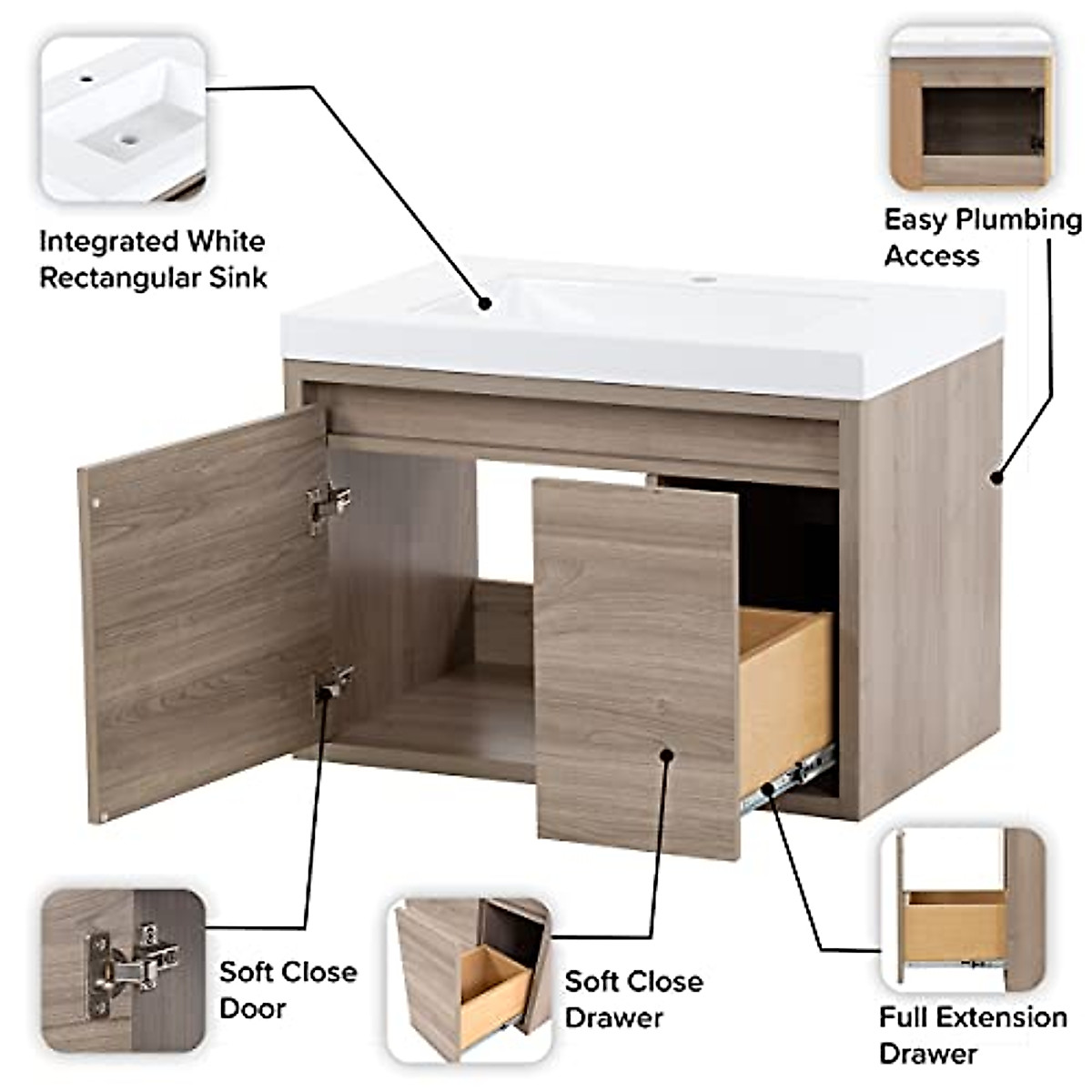 Spring Mill Cabinets Kelby 30 Inch Modern Floating Bathroom Vanity with White Single Sink Top, 1-Door Cabinet, 1 Soft-Close Drawer, 30.5" W x 18.75" D x 22.25" H, Forest Elm