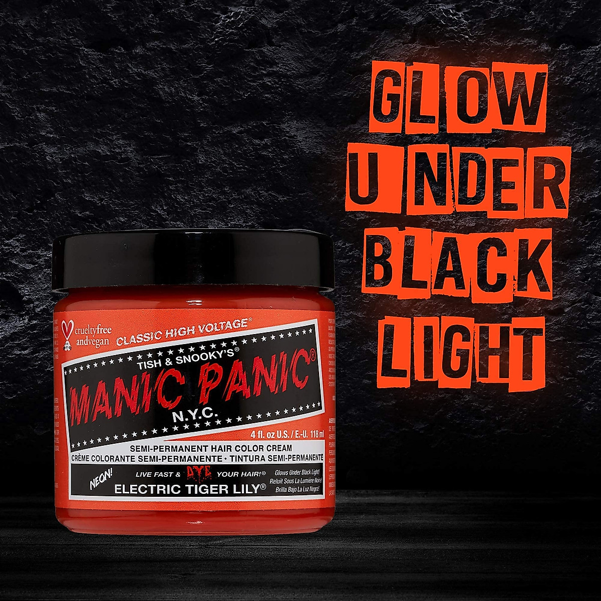 MANIC PANIC Electric Tiger Lily Orange Hair Dye – Classic High Voltage - Semi Permanent Bright Orange Neon Hair Color That Glows In Black Light - Vegan, PPD, Ammonia Free (4oz)