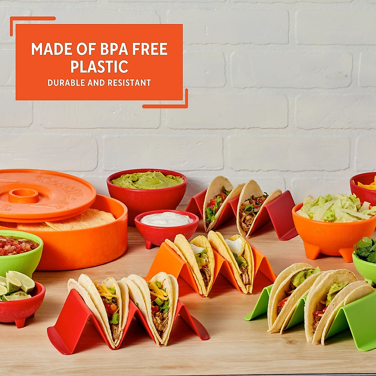 IMUSA 12 Piece Taco Fiesta Set, Kit Includes (1) 8" Tortilla Warmer, (3) Small Salsa Dishes, (4) Large Salsa Dishes (4) Taco Holder Stands