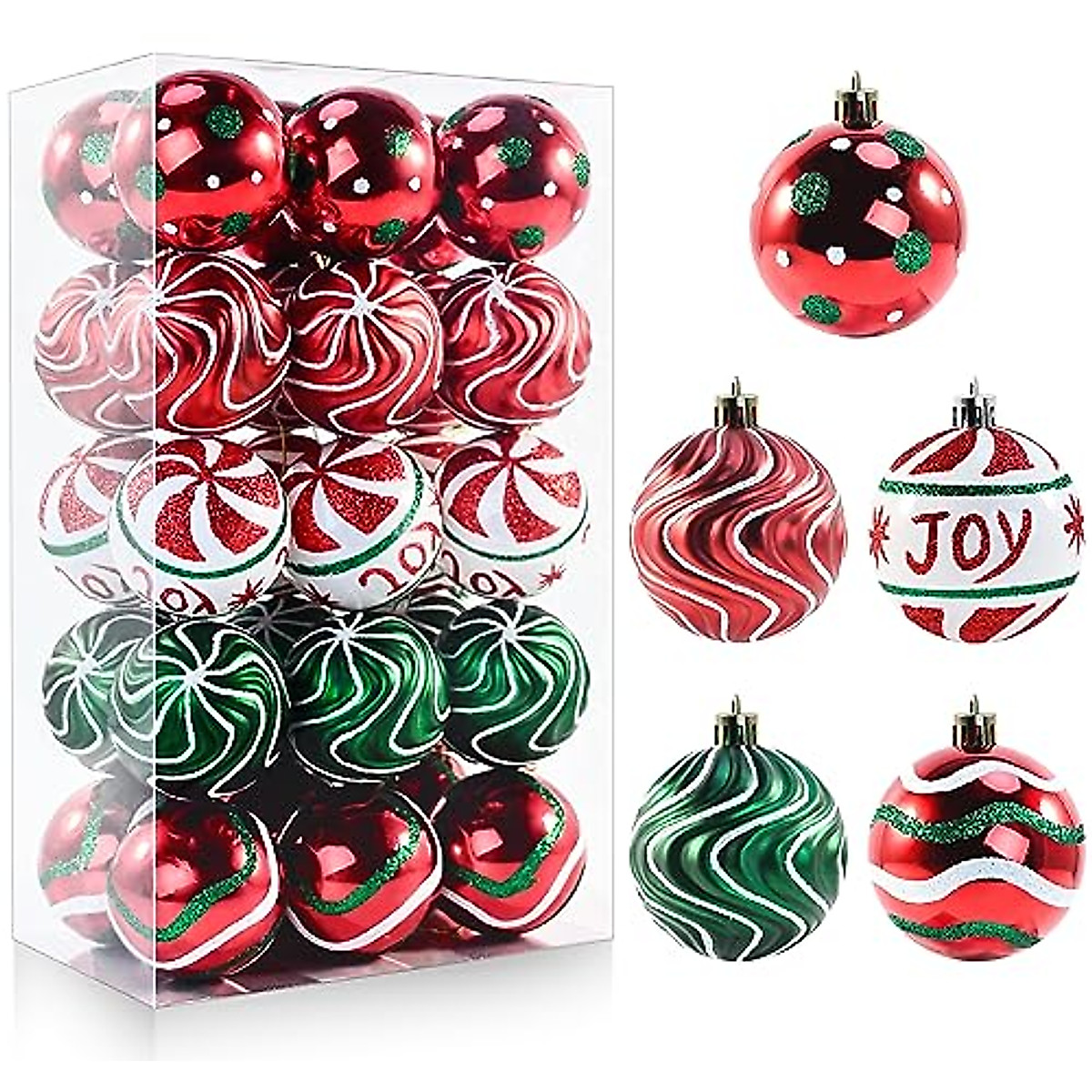 pyntop 30 PCS Christmas Balls Ornaments, 2.36'' Red Green White Christmas Balls, Shatterproof Xmas Balls Decoration for Christmas Tree, Painting & Glittering Christmas Hanging Ball for Party Event
