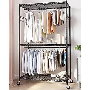 HOKEEPER Heavy Duty Wire Garment Rack Clothes Rack with Shelves and Double Rods, Rolling Clothing Rack for Hanging Clothes, Portable Freestanding Closet Storage Shelves Rack with Wheels and Hooks