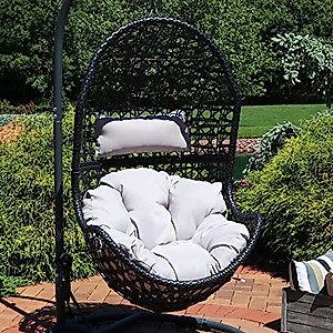 Sunnydaze Cordelia Hanging Egg Chair - Resin Wicker - Outdoor Large Basket Design Patio Lounge Chair - All-Weather Construction - Includes Gray Cushion and Headrest