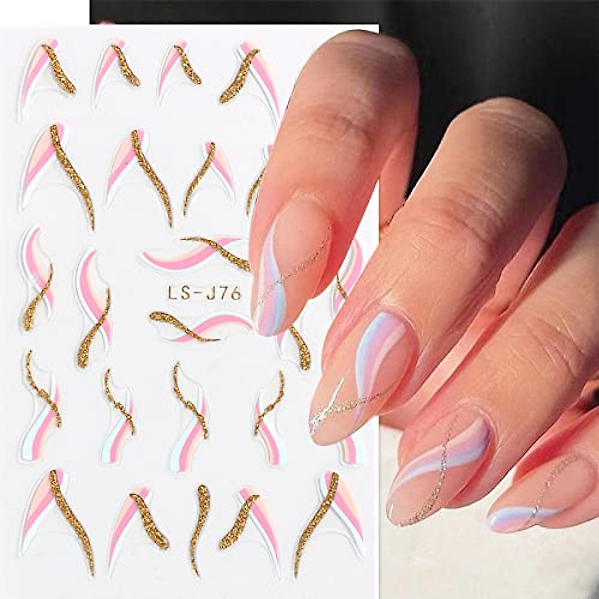 JMEOWIO 9 Sheets French Tip Nail Art Stickers Decals Self-Adhesive Pegatinas Uñas Colorful Glitter Wave Line Nail Supplies Nail Art Design Decoration Accessories