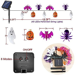 Dontsri 40 LED Solar Halloween Lights, Outdoor 3D Pumpkin Bat Ghost Spiders Lights, 8 Modes Waterproof Solar Powered Halloween String Lights for Patio Yard Garden Balcony Railing Halloween Decorations