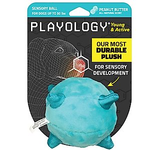 Playology Puppy Dog Ball for Sensory Development | Medium Sized Stuffed Chew Toy with Squeaker for Puppies up to 50lbs | Engaging All-Natural Peanut Butter Scented Sensory Toy