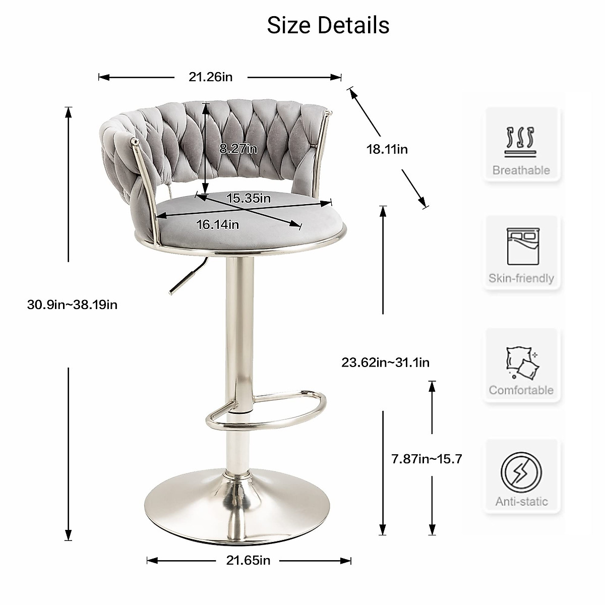 Keainvren Velvet Wave Hollow Barstools Set of 2, Modern Adjustable Swivel Bar Height Chairs Counter Stools with Back for Home Bar Kitchen Island Dining Rooms