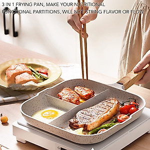 Zerodis 3 in 1 Frying Pan, Aluminum Alloy Partitioned Non Stick 3 Section Divided Breakfast Pan Grill Pan Partitioned Multifunction Kitchen Egg Pan for Breakfast