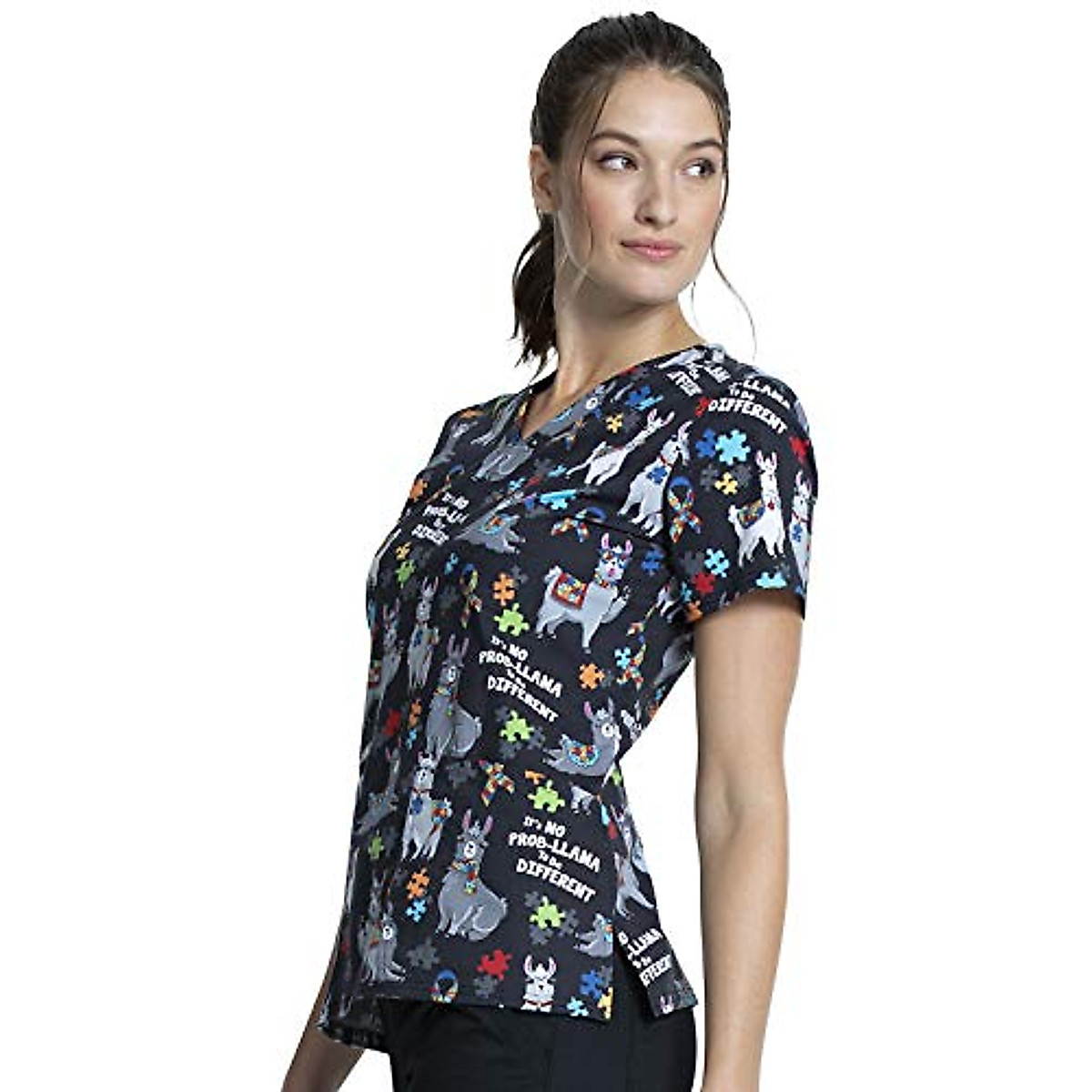 Cherokee Prints Women Scrubs Top V-Neck Print CK651, S, Llama Love