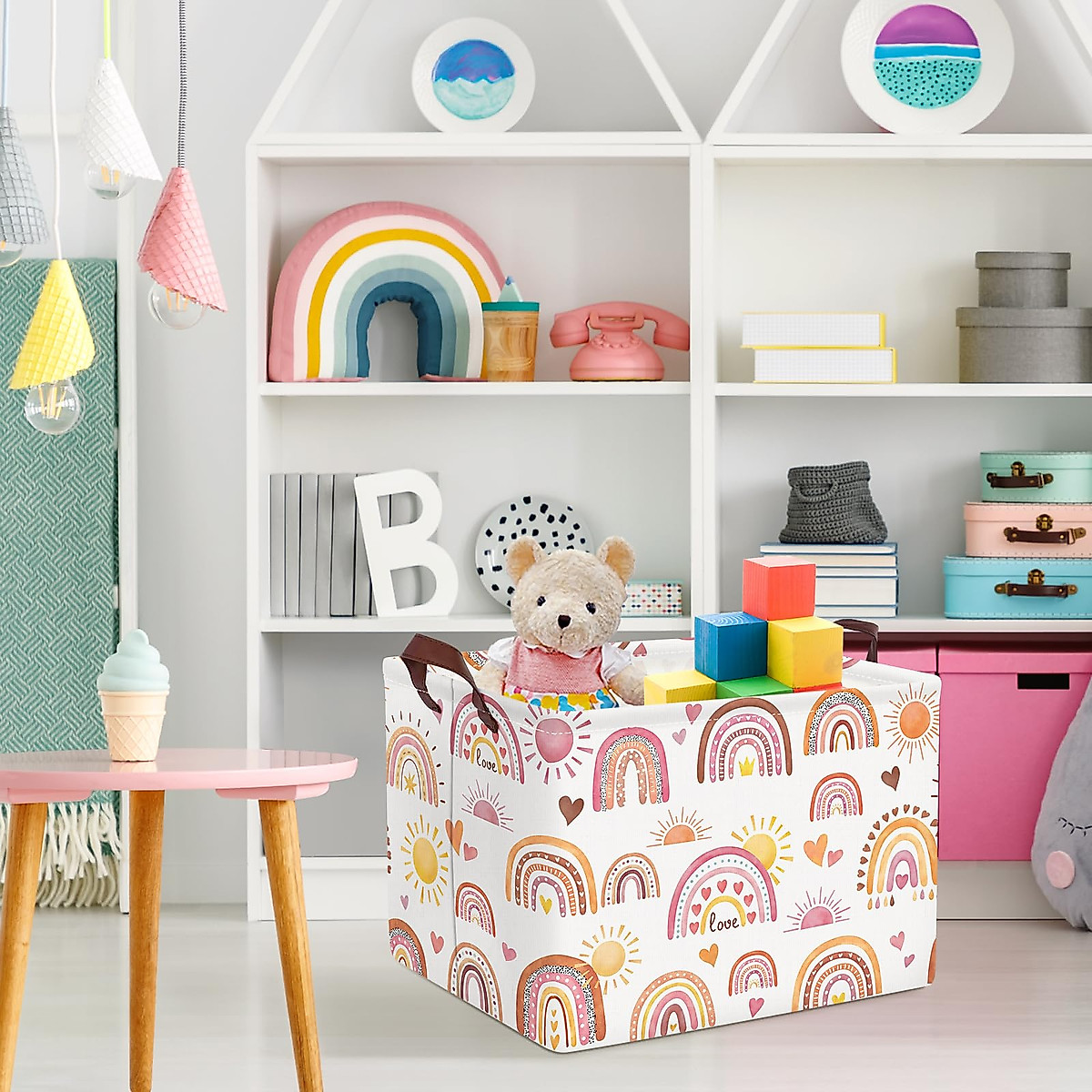 Clastyle Boho Pink Purple Rainbow Storage Baskets Rectangular Sun Heart White Shelf Basket with Handle Clothes Books Toys Storage Bin for Bedroom Kindergarten