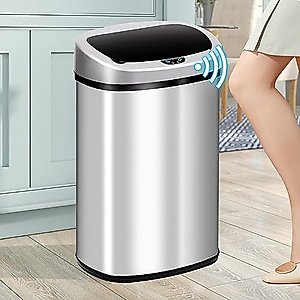 13-Gallon Kitchen Trash Can 50l Stainless Steel Garbage Can Automatic Touch Free Garbage Bin Motion Sensor Trash Can with Lid Metal Waste Bin for Office Tall Trash Bin Touchless, Silver