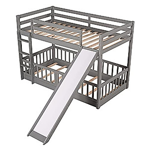 Twin Over Twin Low Bunk Bed for Kids, Ladder and Slide Can Be Interchanged or Remove, Solid Wood Bunk Bed Can Be Converted into Loft Bed (Gray + Fence Can Be Deleted)