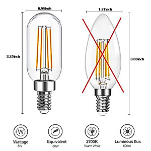 E12 LED Light Bulb 6W Dimmable 60W Equivalent 6-Pack, T6 T25 E12 Candelabra Bulb 600LM LED Filament Bulbs 2700K Warm White with Clear Glass for Chandeliers, Ceiling Fan,Pendant,Wall Sconce,CRI 95+