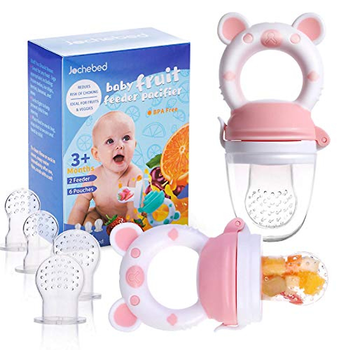 Baby Fruit Food Feeder Pacifier - Fresh Food Feeder, Infant Fruit Teething Teether Toy for 3-24 Months, 6 Pcs Silicone Pouches for Toddlers & Kids & Babies, 2-Pack (Light Pink)