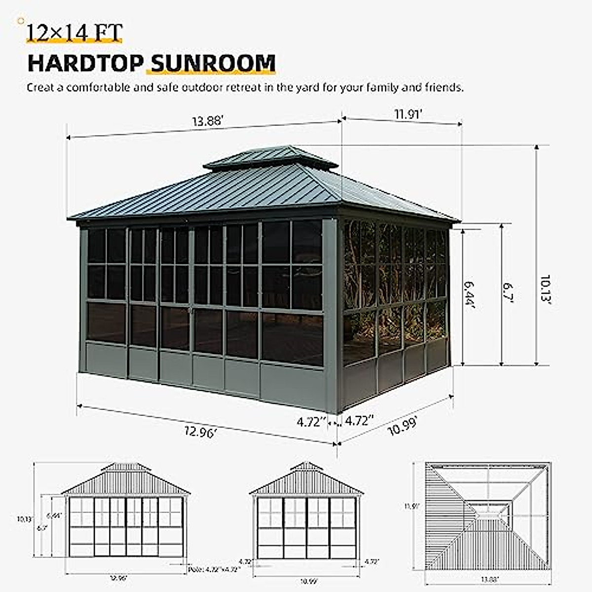 Domi 12x14FT Sunroom,Solarium Aluminum Hardtop Gazebo with Galvanized Steel Double Roof, Lockable Screen House,Moveable PC Screen&Sliding Door for Patio Deck Backyard Lawn