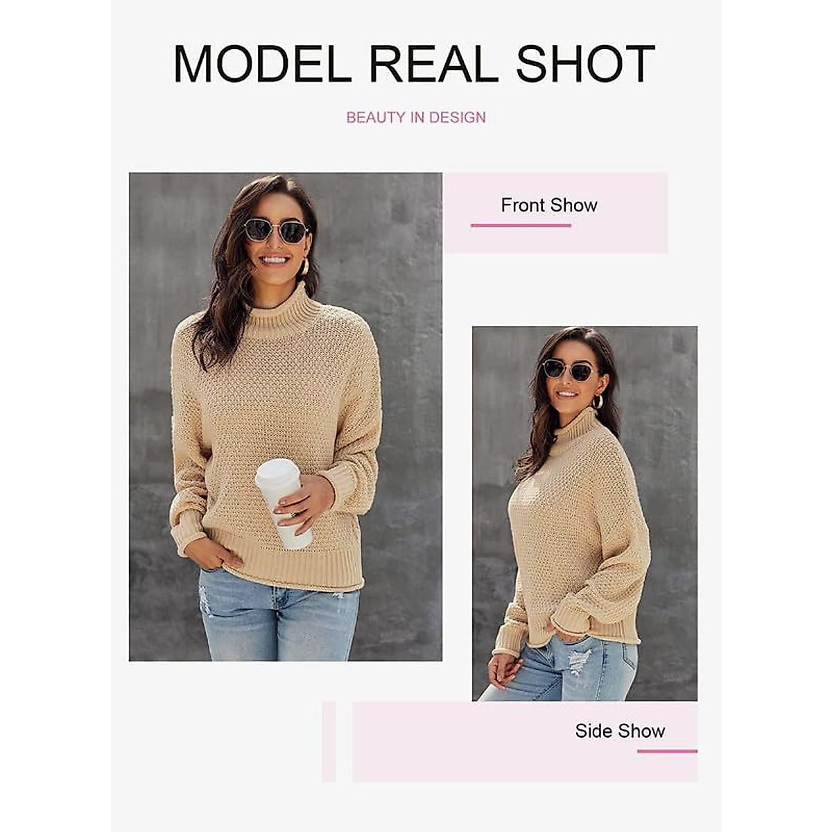 Dokotoo Womens Fall Fashion 2024 High Neck Sweaters Batwing Long Sleeve Solid Winter Clothes Basic Casual Loose Oversized Chunky Knit Pullovers Sweaters Jumper Blouses Apricot Large