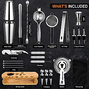 24-Piece Cocktail Shaker Bartender Kit with Stand, Boston Shaker, Mixing Spoon, Muddler, Measuring Jigger, Lemon Squeez, Tongs, Corkscrew, Liquor Pourers and More Professional Bar Tools