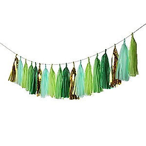 Autupy 25 PCS Green Gold Mylar Tassels Garland Tissue Paper Tassels Banner DIY Kit Mint Tassel Garland Green Gold Rustic Wedding Jungle Birthday Party Decorations for Women Men Boys Girls