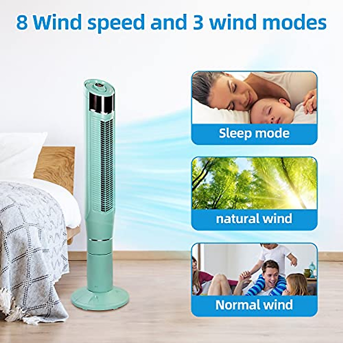 R.W.FLAME Tower Fan,360° oscillating standing fan, Room Fan, Portable Bladeless, Quiet Floor Fan with Remote, 8 Speeds, 3 Modes, 24H Timer for Bedroom, and Home Office Use (47-inch, GREEN)