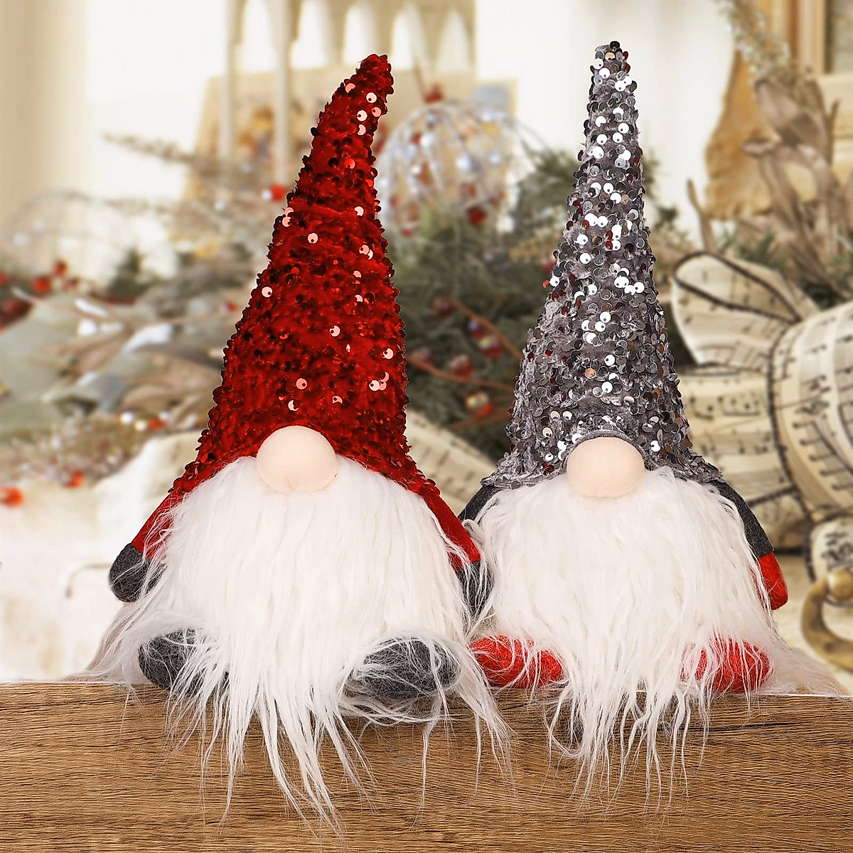 Juegoal 12" Lighted Christmas Gnome, Handmade Sequins Hat Scandinavian Swedish Tomte, Light Up Plush Elf Toy Holiday Present, Battery Operated Winter Tabletop Christmas Decorations, 2 Set