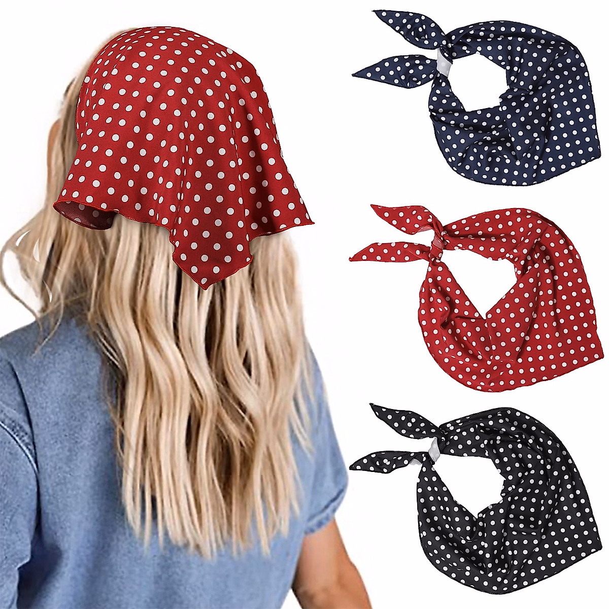 CHLINS 3 PCS Floral Hair Bandanas Kerchief Women Bandana Chiffon Scarf Triangle Kerchief with Ties Head Scarf (Polka dot (Red+Navy+Black))