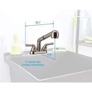 Utility Sink Faucet, Laundry Room Faucet with Pull Out Sprayer, Laundry Tub ABS Plastic Faucet, 4 Inch Centerset 3 Holes Installation Non-Metallic, Brushed Nickel
