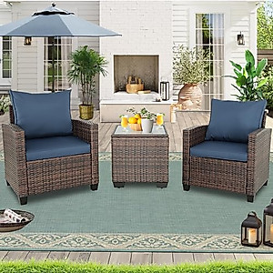 Furnimy 3 Pieces Patio Furniture Set Rattan Outdoor Sectional Conversation Sets 2 Single Chair w/Washable Cushion and Tempered Glass Tabletop for Balcony, Garden, Backyard(Brown+Navy Blue)